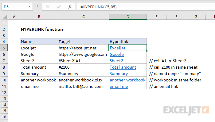 Excel HYPERLINK Function Exceljet